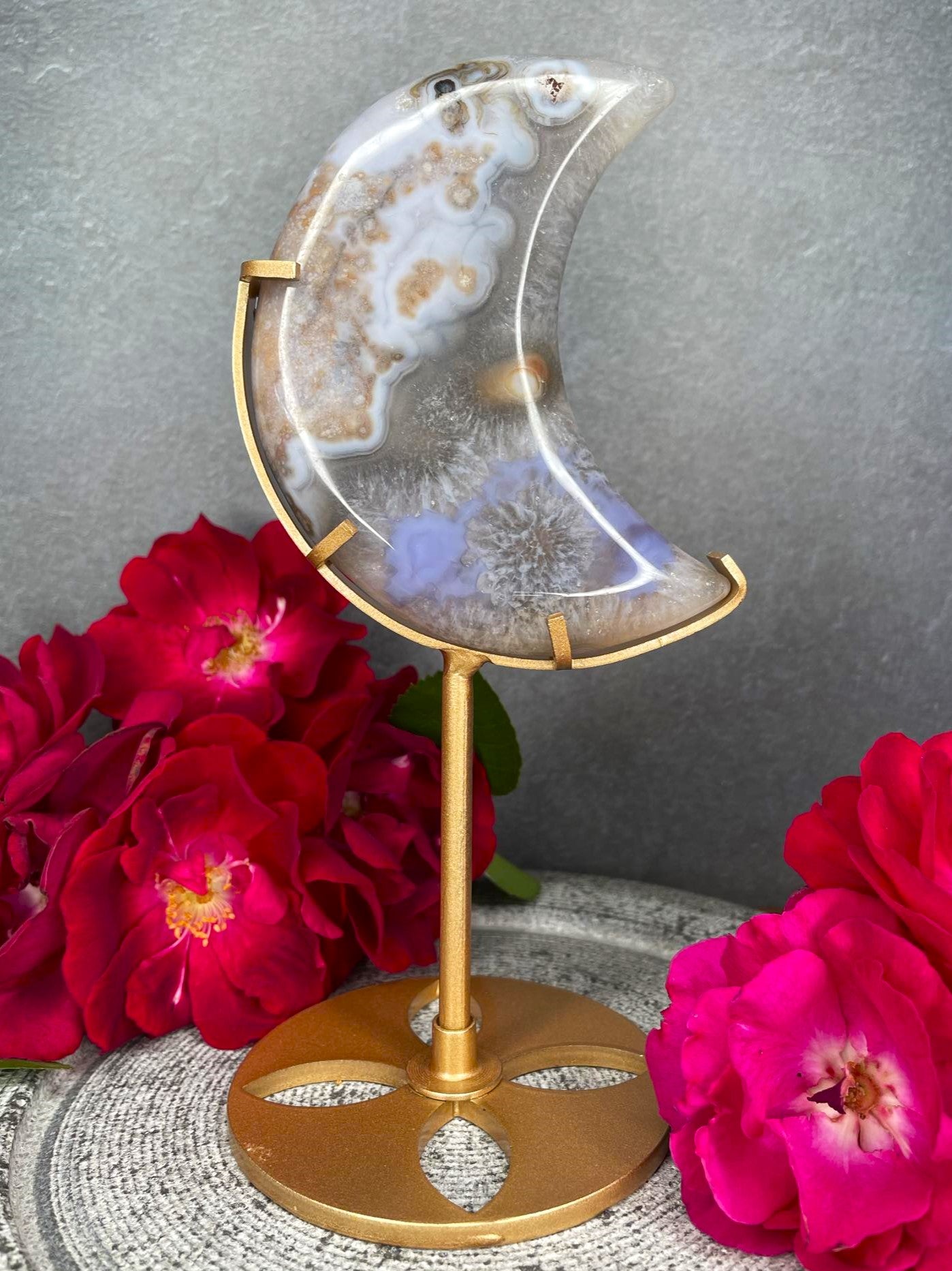 Beautiful Blue Flower Agate Crystal Crescent Moon – Crystals Melbourne ...