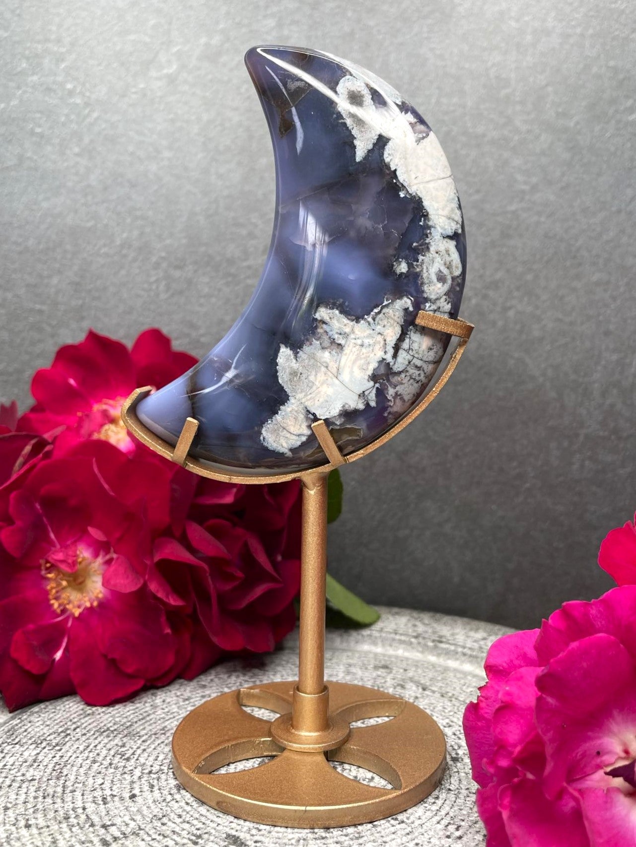 Incredible Blue Flower Agate Crescent Moon – Crystals Melbourne Australia
