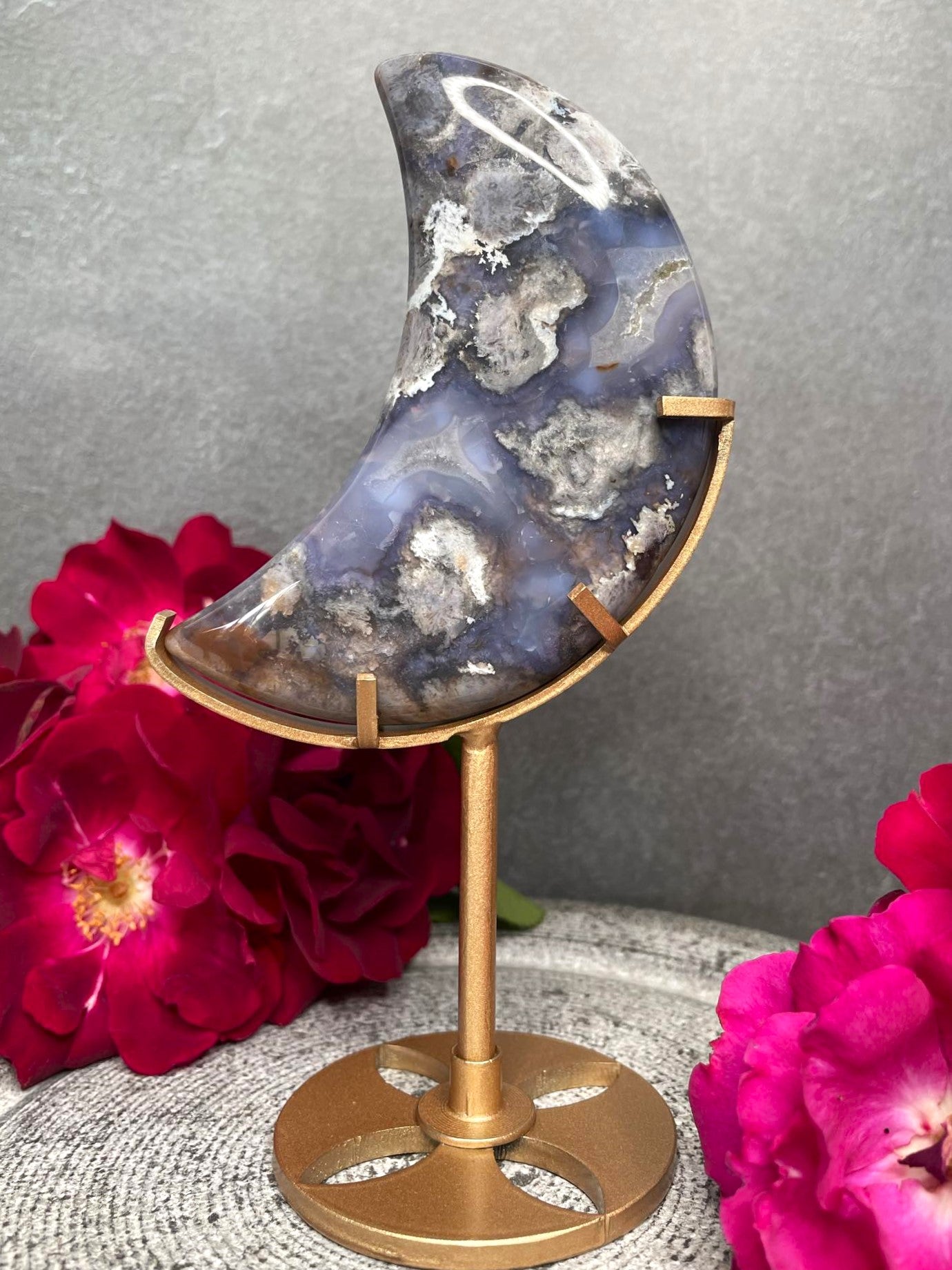 Mesmerizing Blue Flower Agate Crescent Moon – Crystals Melbourne Australia