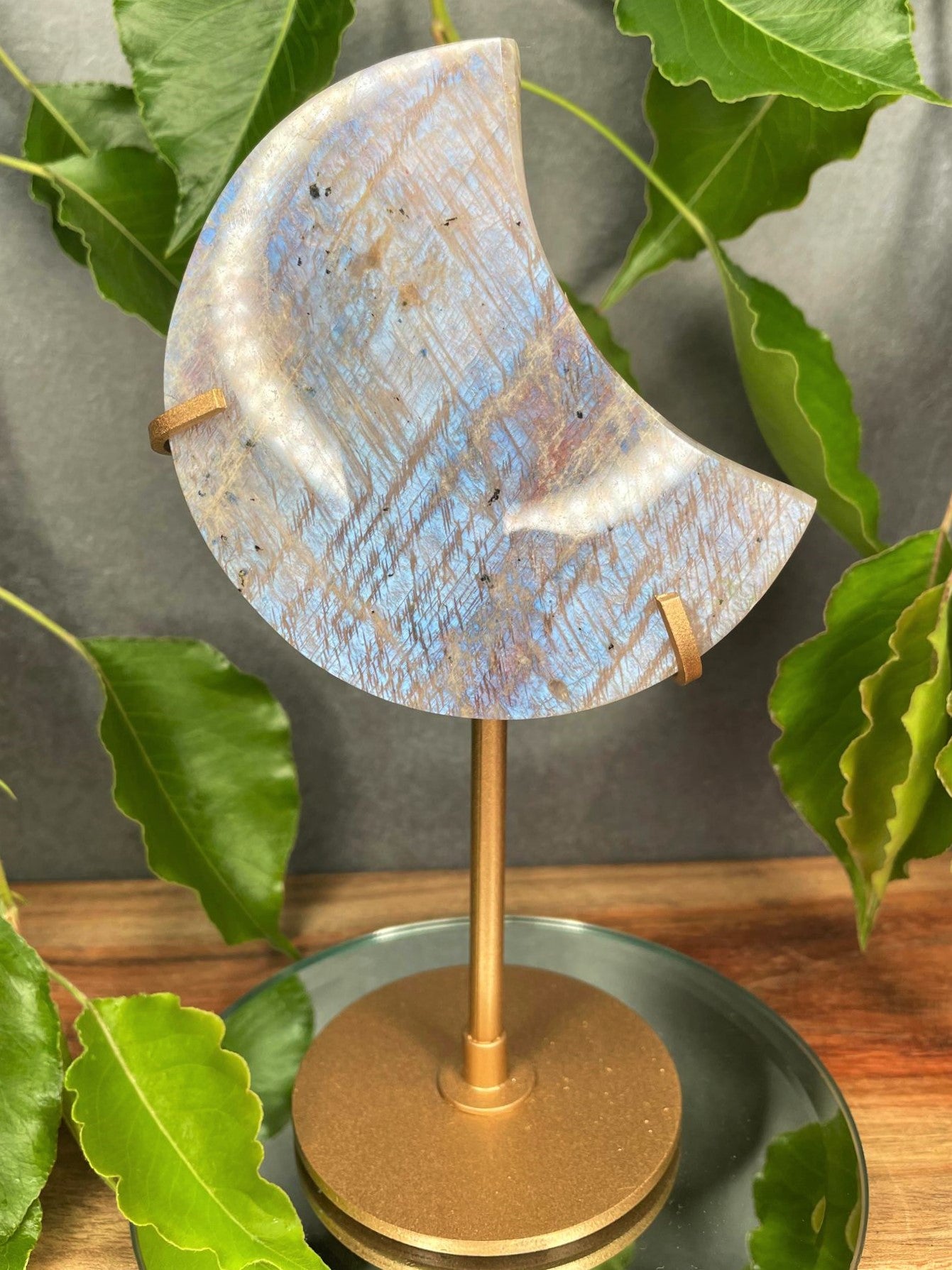 Breathtaking Moonstone Crystal Crescent Moon With Blue & Sunstone Flas ...